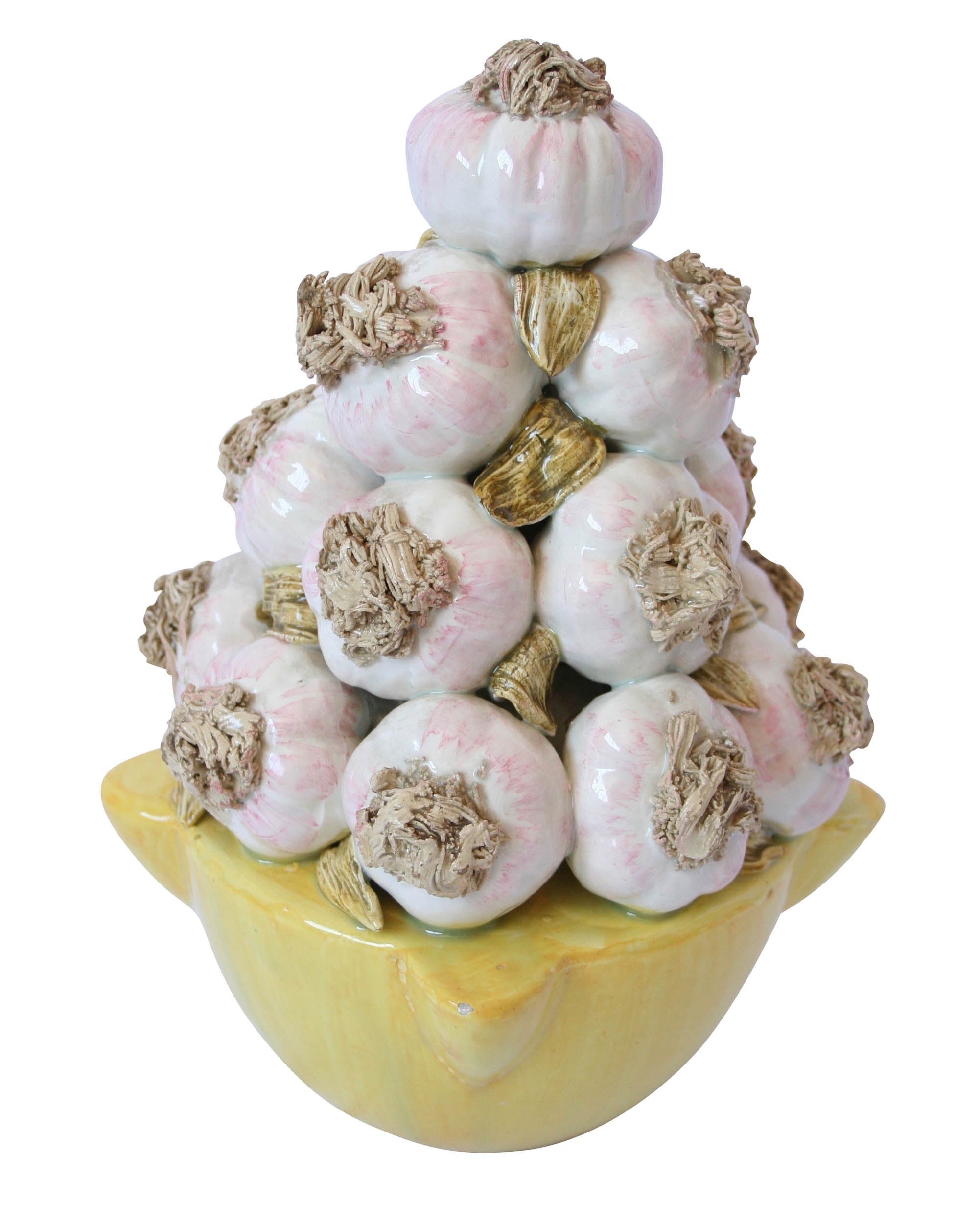 Centerpiece in the shape of a mortar topped with garlic, in glazed cer ...